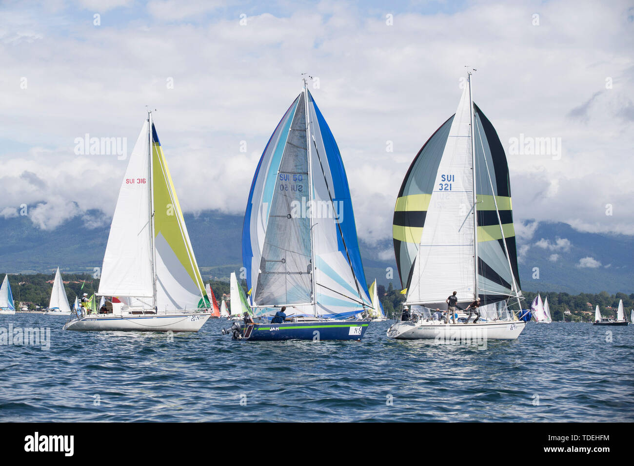 Geneva, Switzerland. 15th June, 2019. Sailboats compete during the "Bol ...