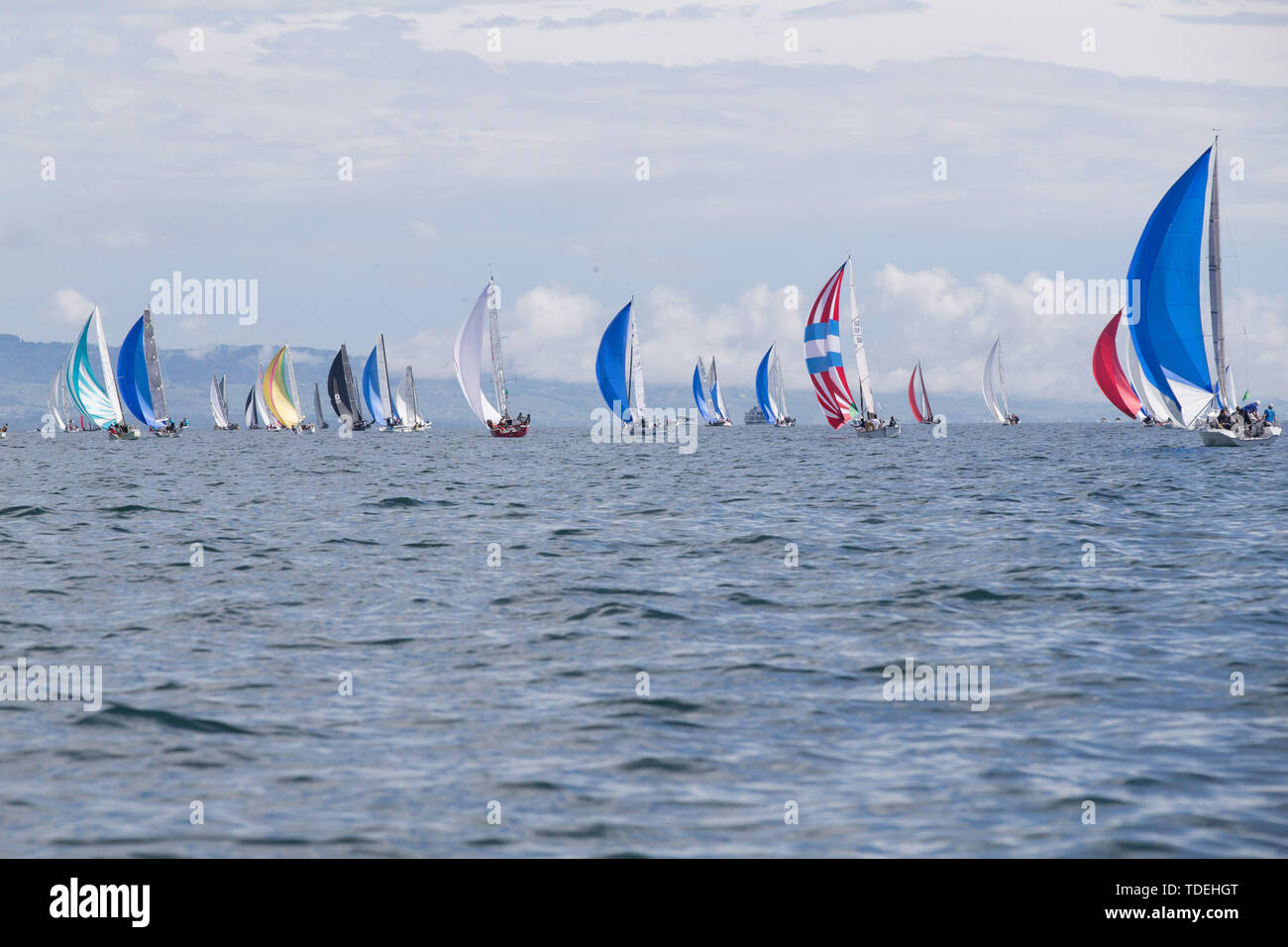 Geneva, Switzerland. 15th June, 2019. Sailboats compete during the "Bol ...