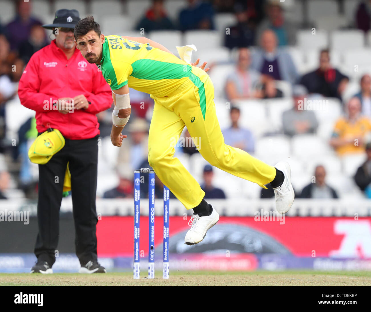 London, UK. 15th June, 2019. Mitchell Starc of Australia bowling during ...