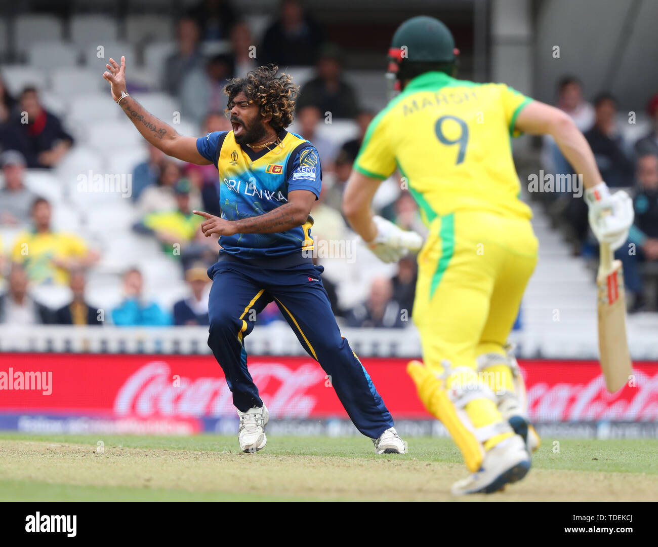 London, UK. 15th June, 2019. Lasith Malinga of Sri Lanka makes an unsuccessful appeal for the ...