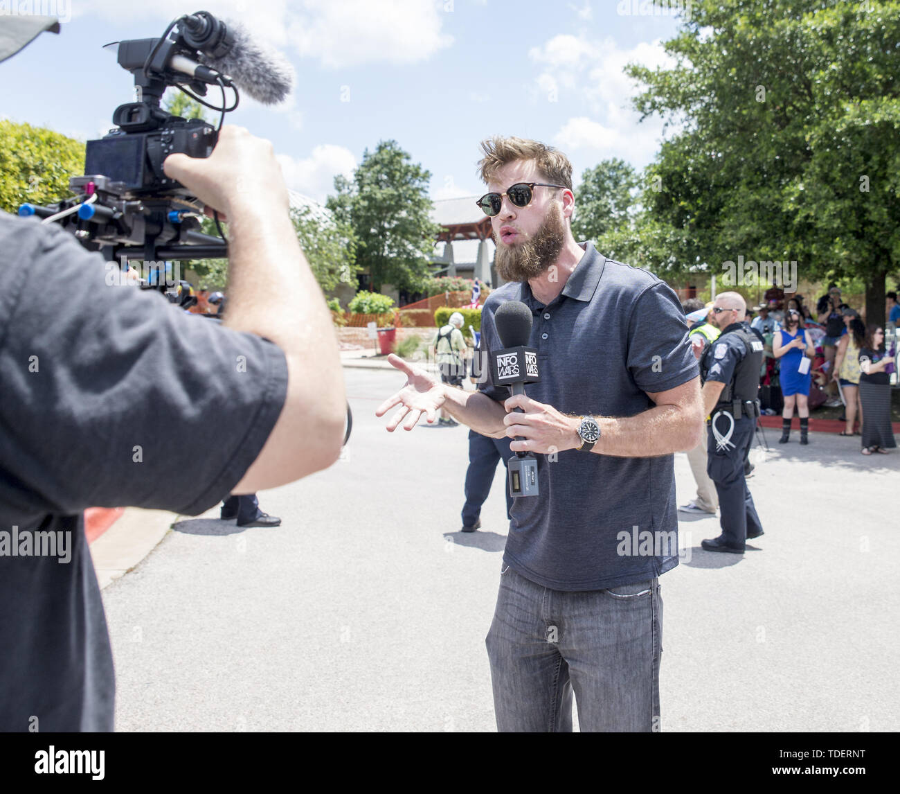Leander, TX, USA. 15th June, 2019. InfoWars reporter Owen Shroyer on ...