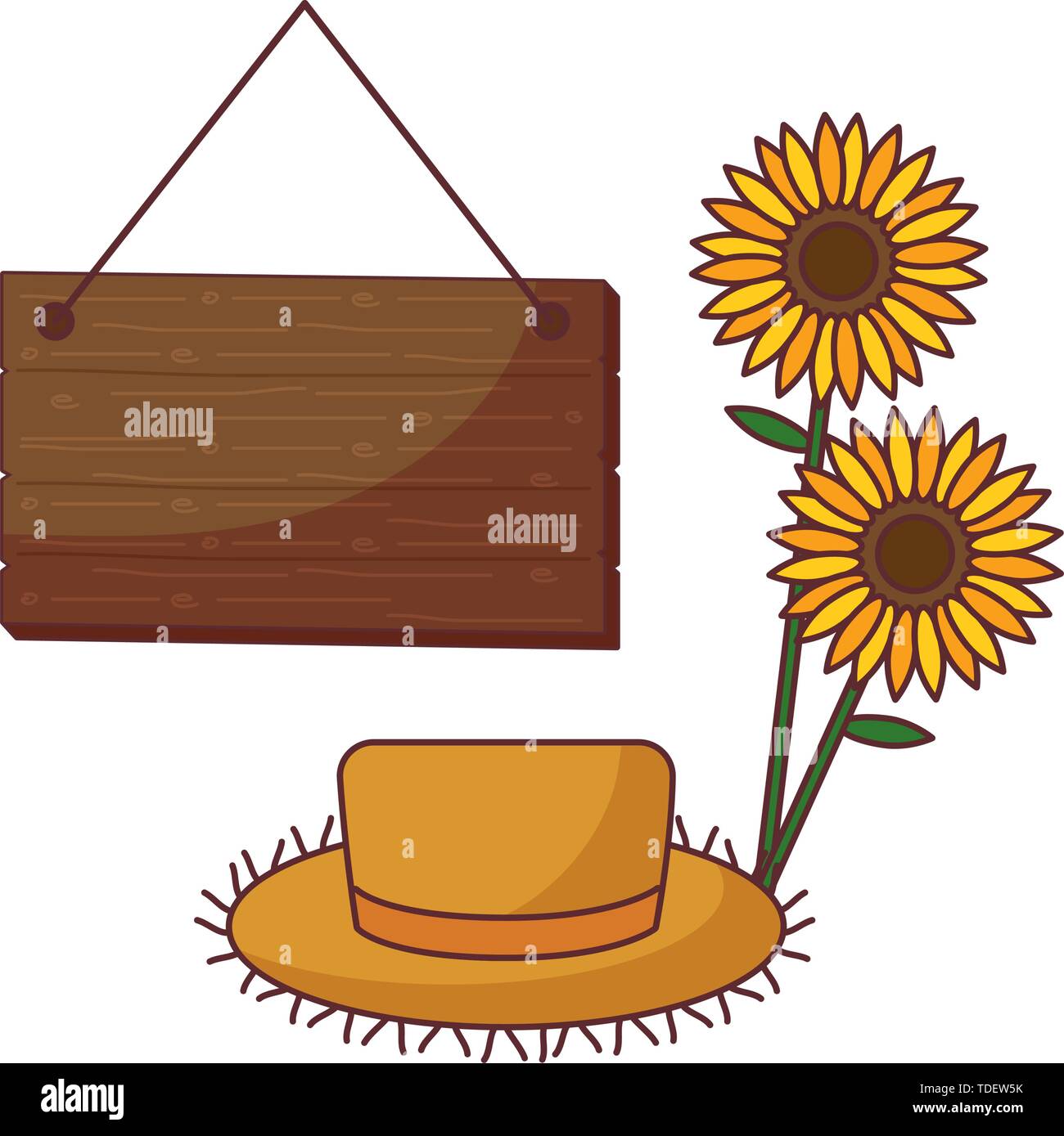hat wicker with sunflowers and wooden label hanging vector illustration ...