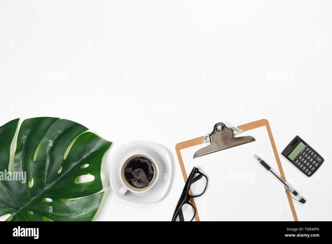 Blank office desk background with copy space for your text. Top view ...