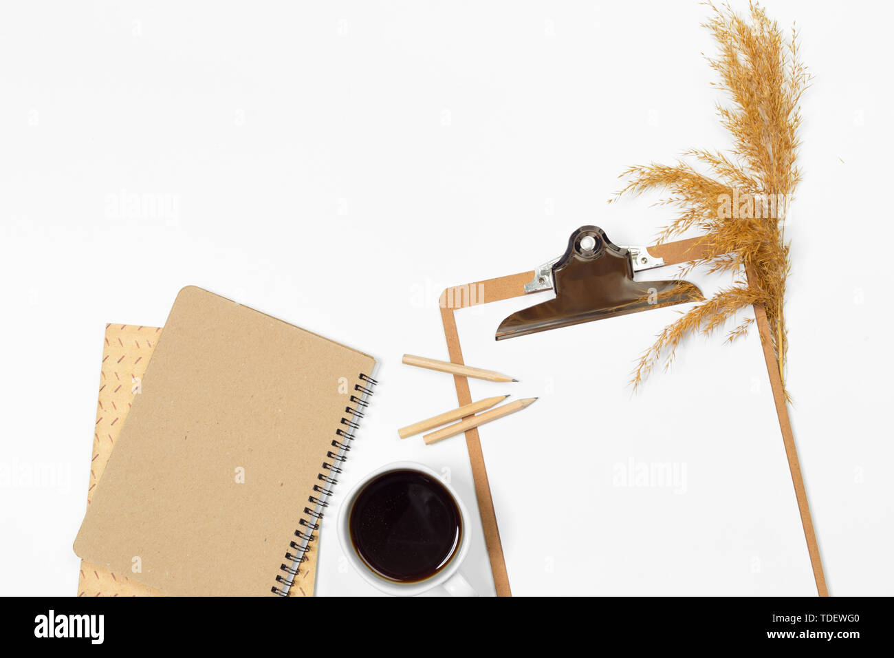 Blank office desk background with copy space for your text. Top view ...