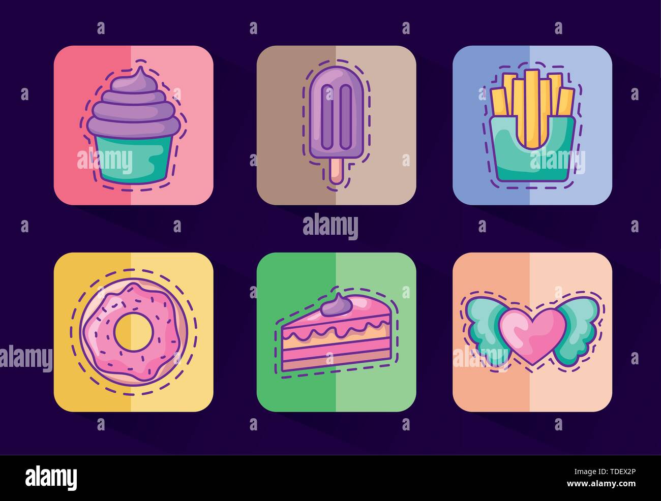 set of patches with delicious food and icons vector illustration design ...