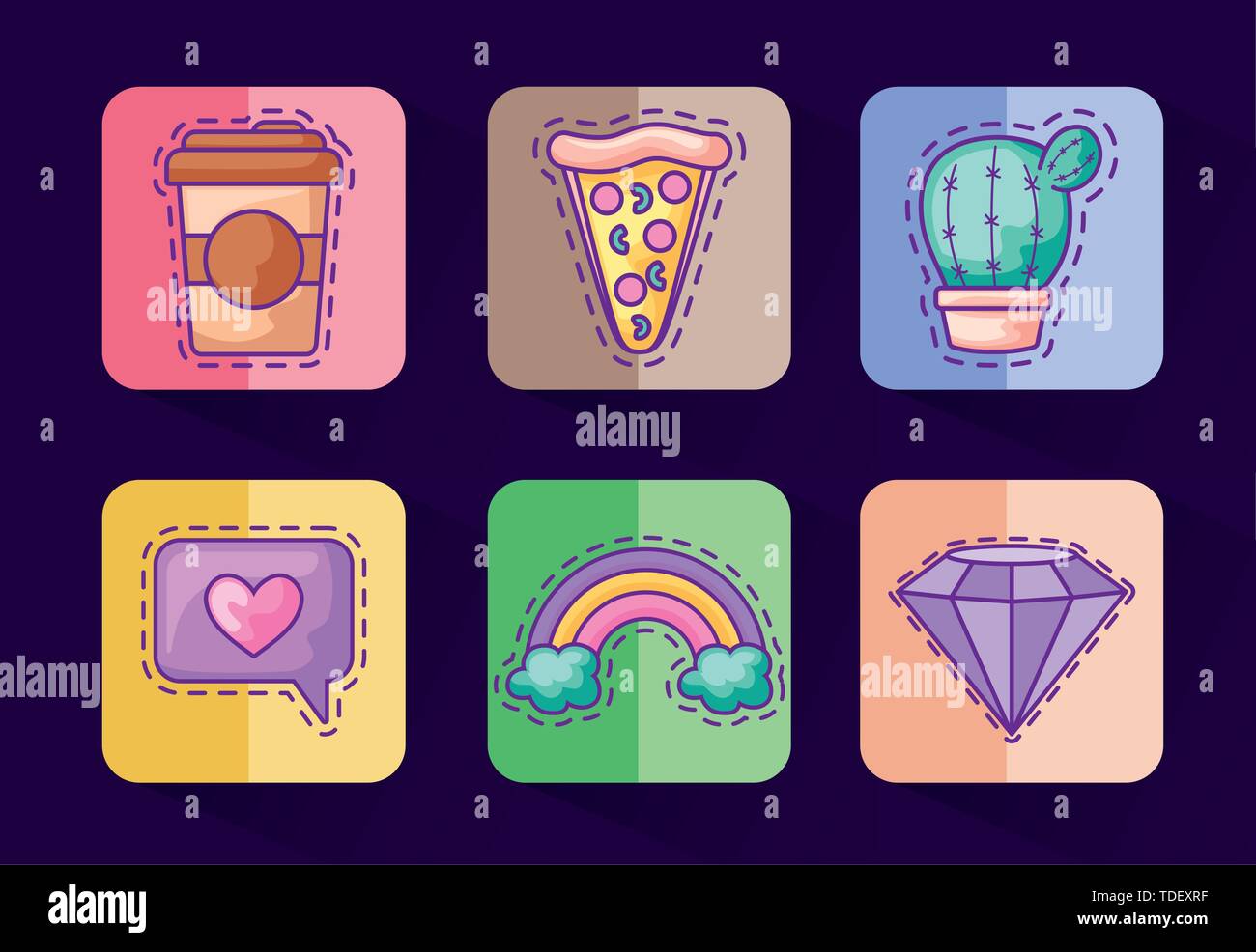set of patches with delicious food and icons vector illustration design ...