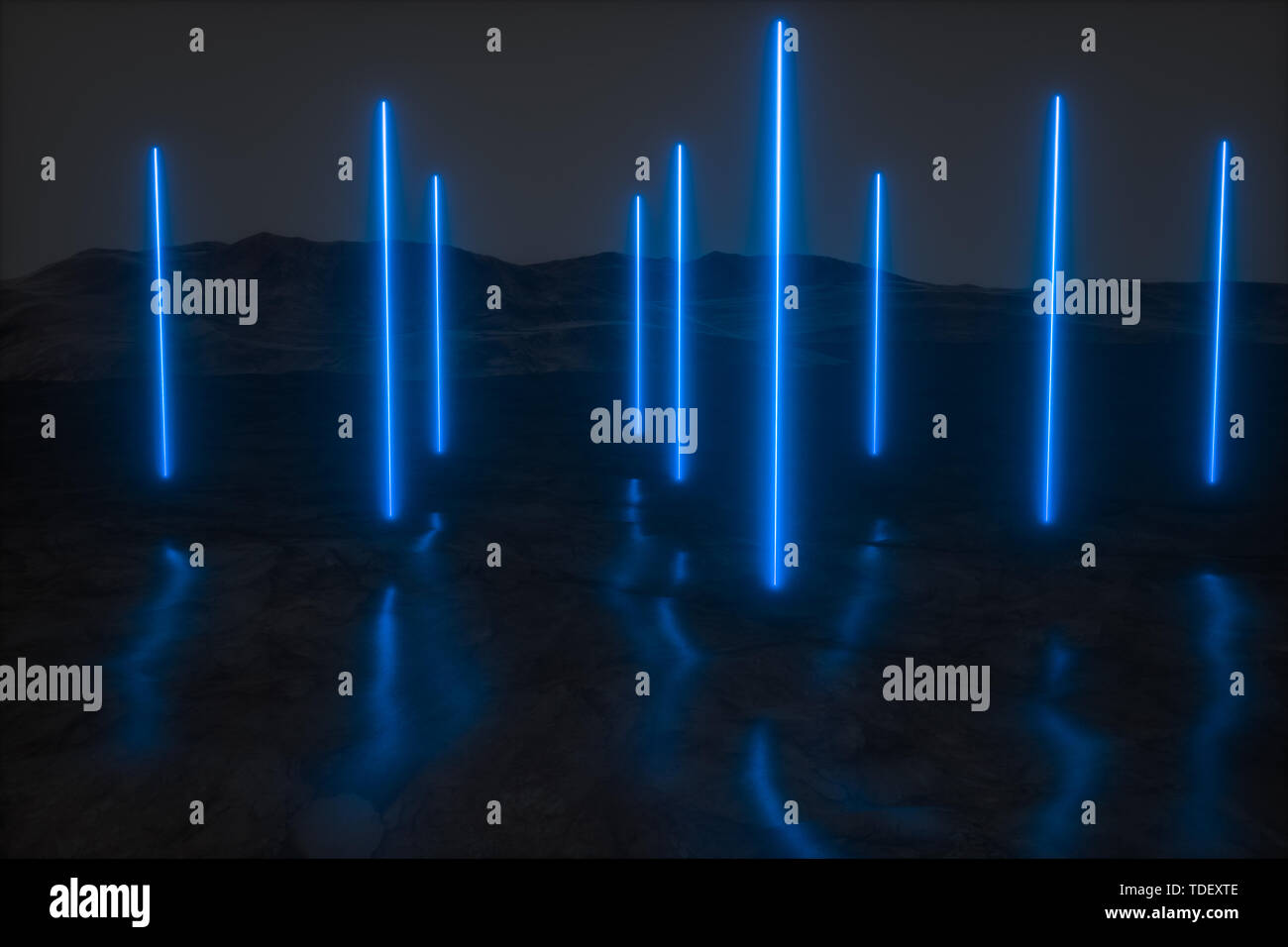 Three-dimensional rendering, colorful lines with dark terrain Stock ...