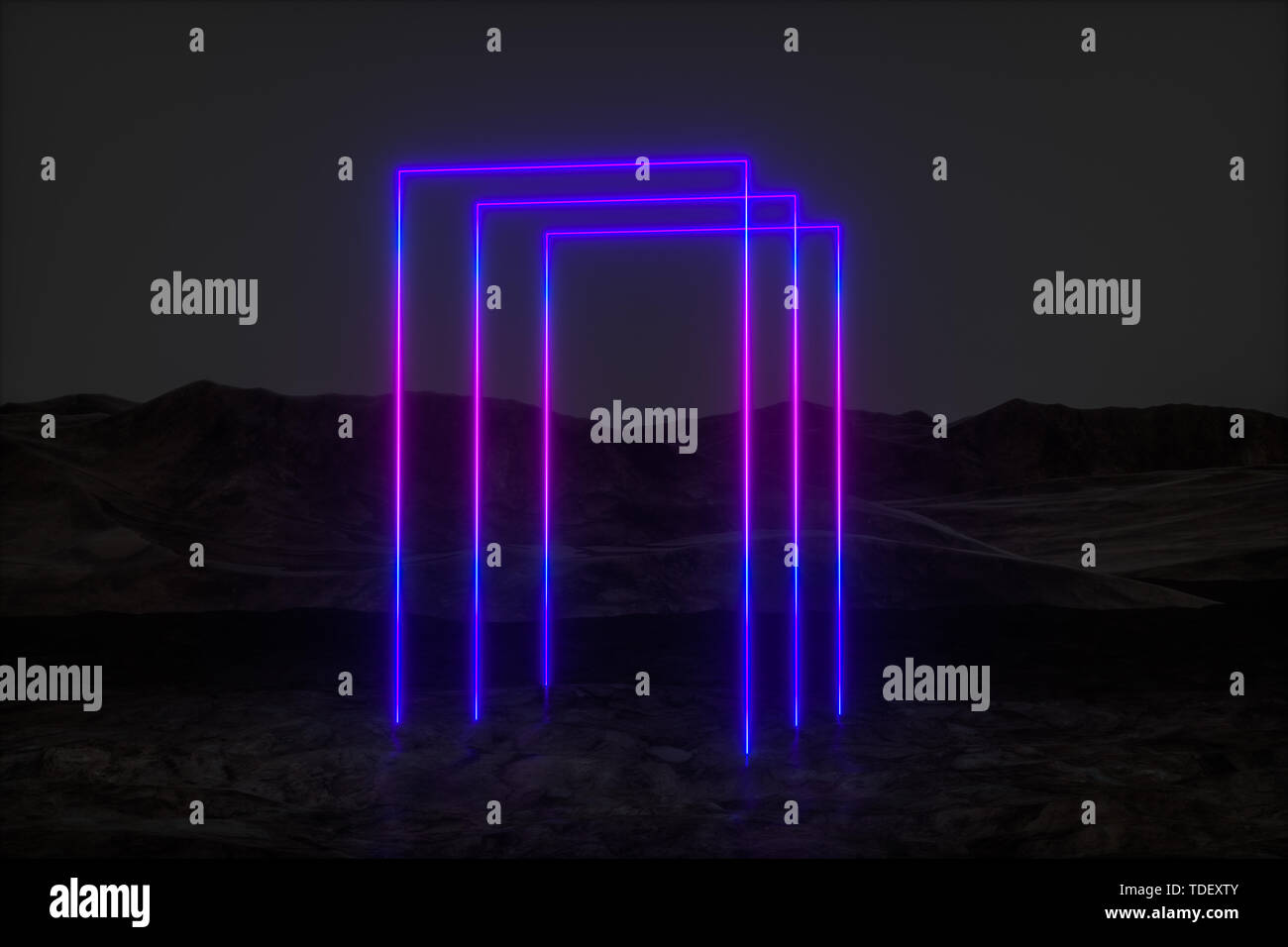 Three-dimensional rendering, colorful lines with dark terrain Stock ...