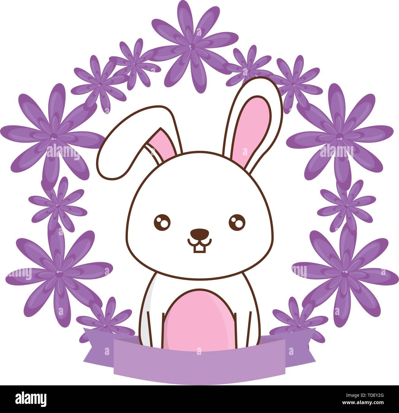 cute rabbit animal with flowers in ribbon vector illustration design ...