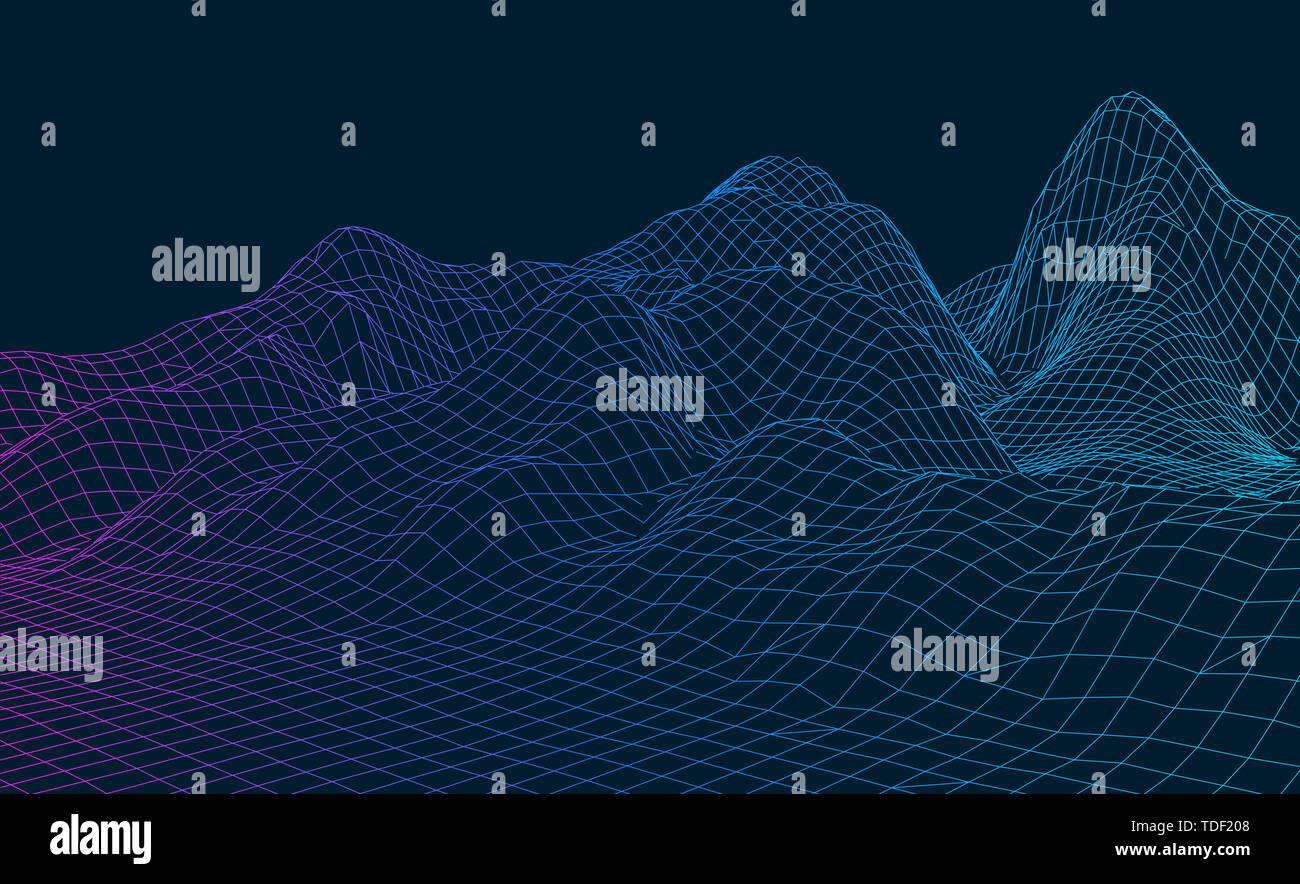 Abstract vector three-dimensional digital terrain of big data concept, graphics with artificial ...