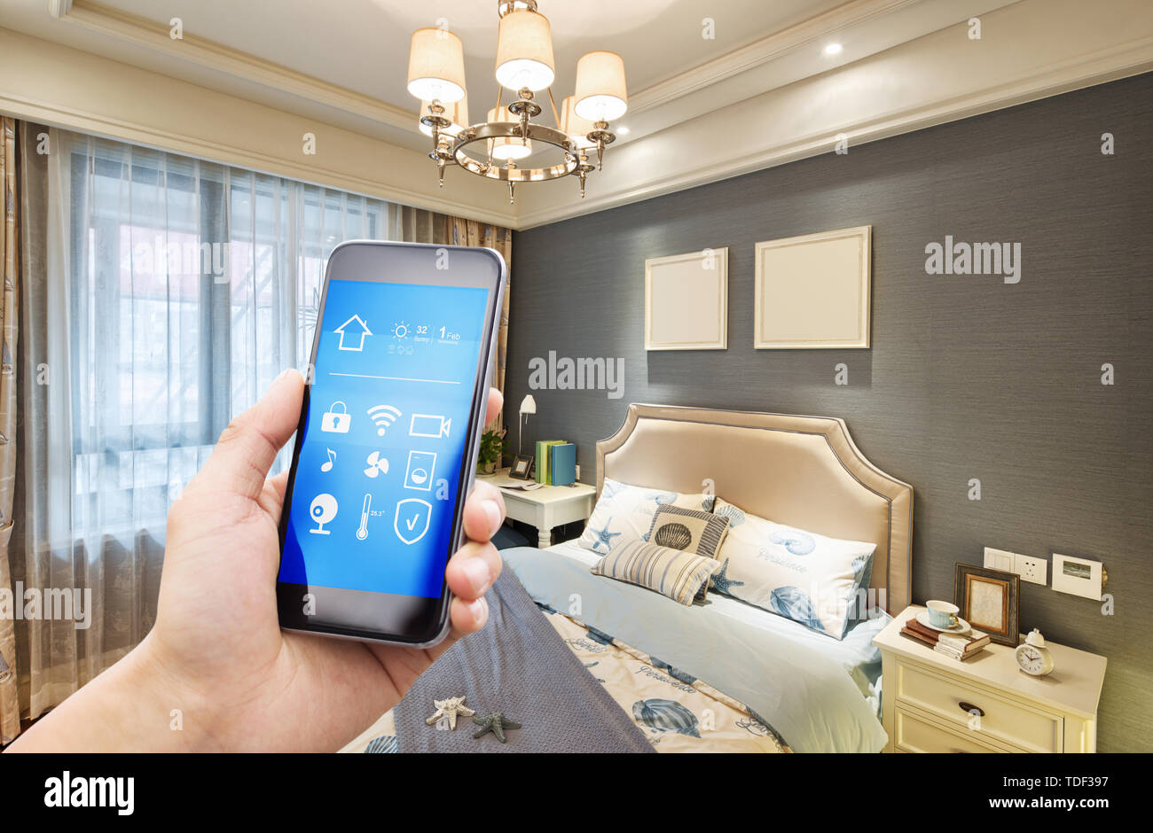 smart phone with smart home with modern bedroom Stock Photo - Alamy