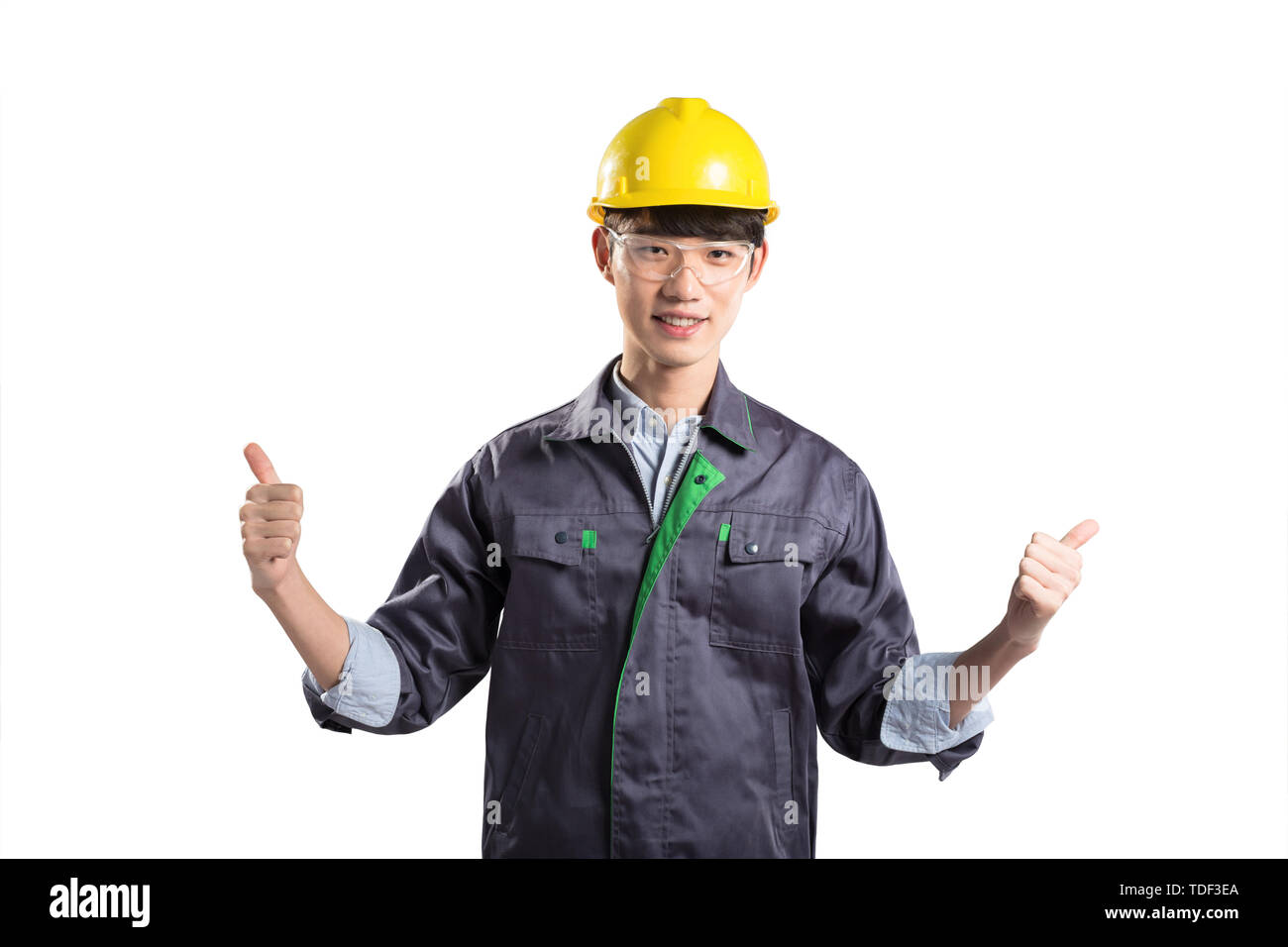 pose and gesture of young asian technician on white background Stock ...