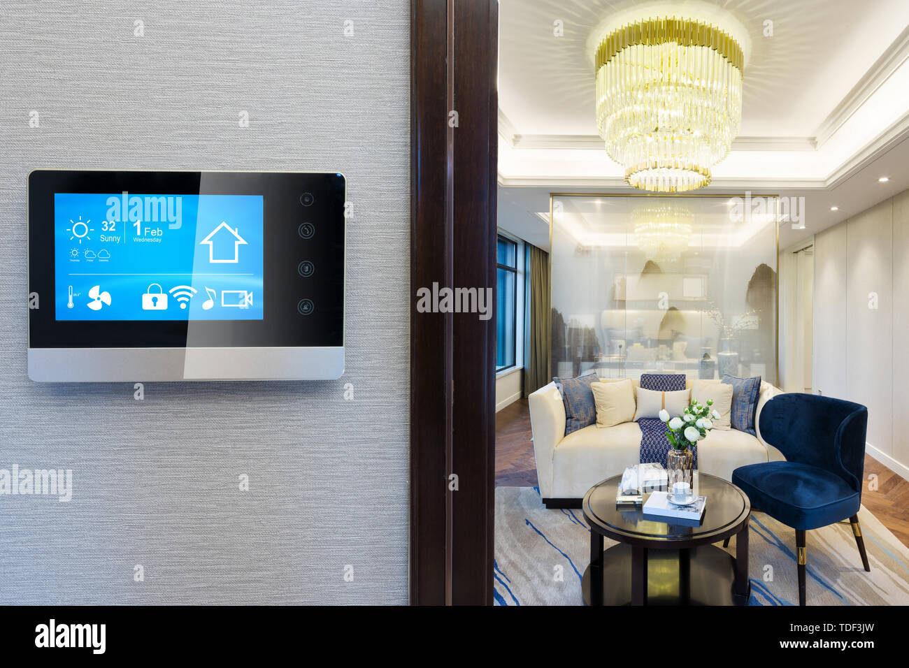smart screen with smart home with modern living room Stock Photo - Alamy