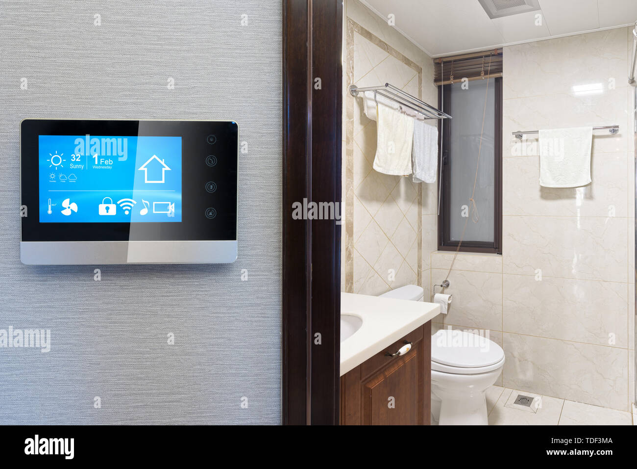 smart screen with smart home with modern bathroom Stock Photo - Alamy