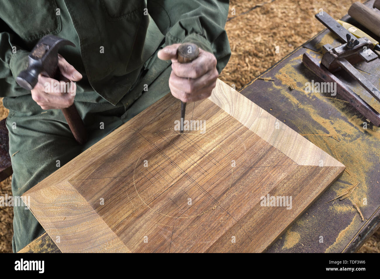 wood chisel carpenter tool working wooden background Stock Photo - Alamy