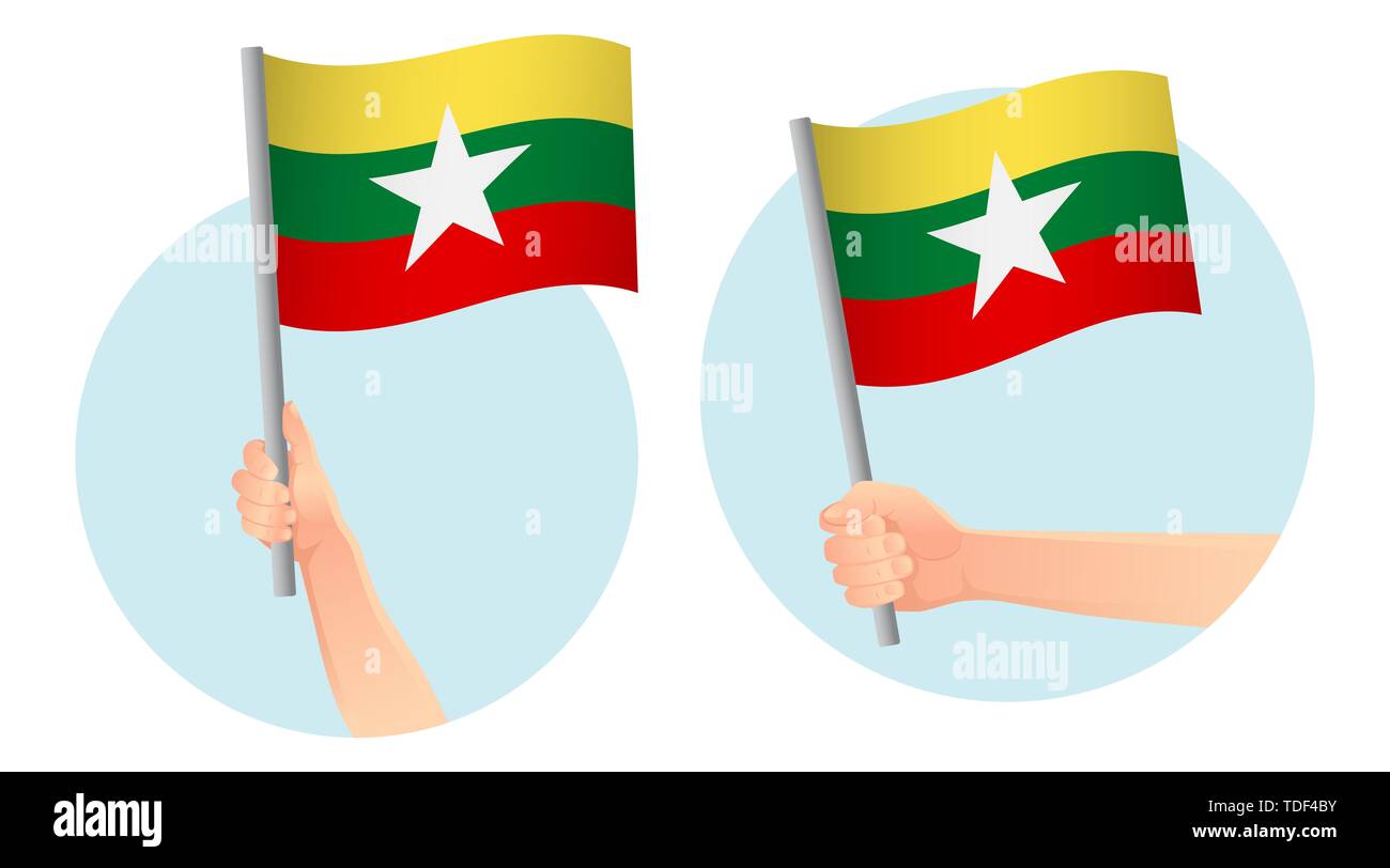 Myanmar flag in hand. Patriotic background. National flag of Myanmar ...