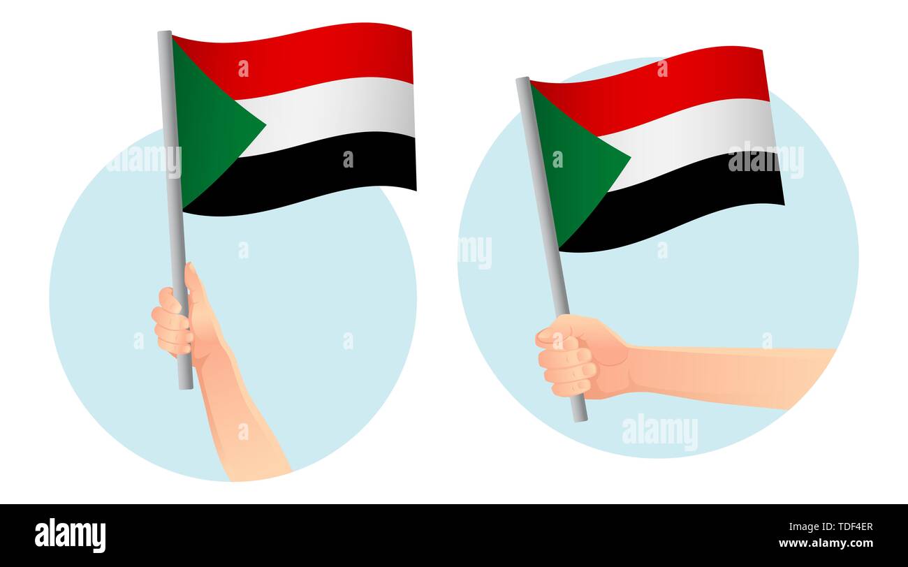 Sudan flag in hand. Patriotic background. National flag of Sudan ...