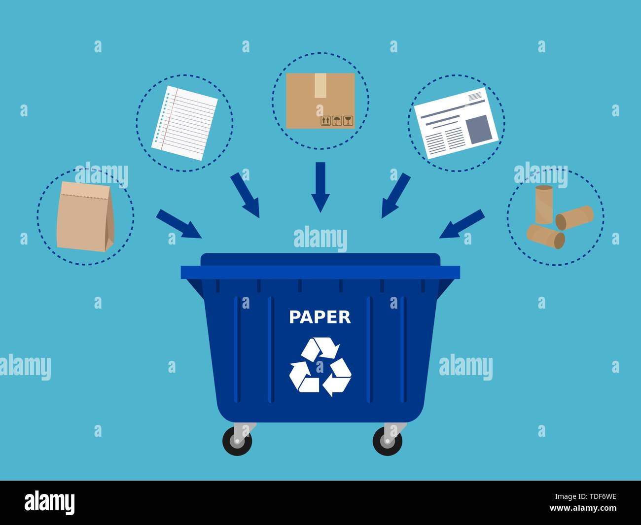 Blue trash dumpster and paper waste suitable for recycling. Paper ...
