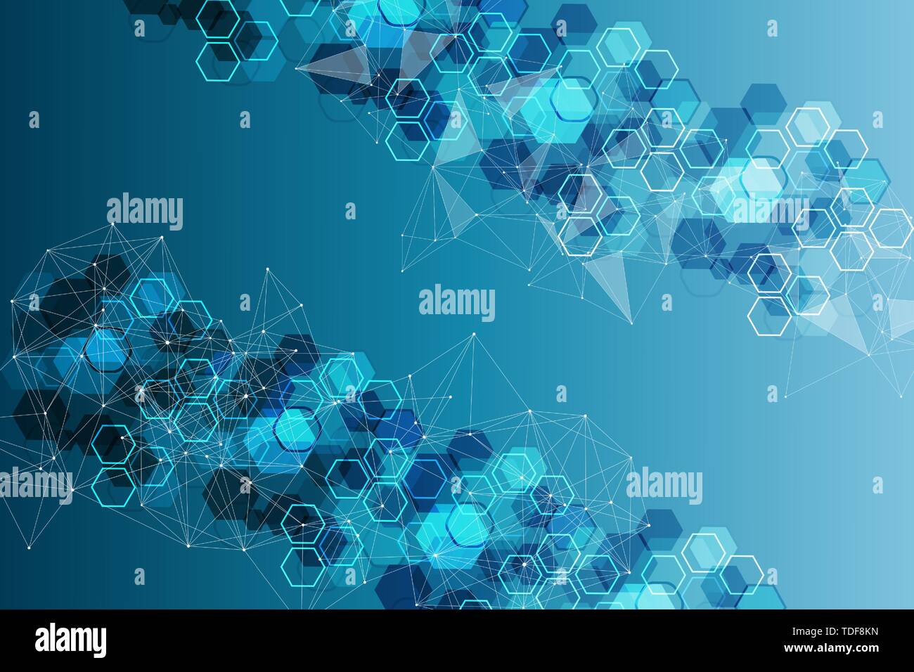 Science network pattern, connecting lines and dots. Technology hexagons structure or molecular ...