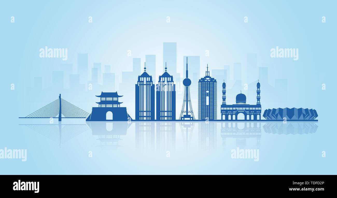 Silhouette of landmark buildings in Xining City, Qinghai Province Stock ...