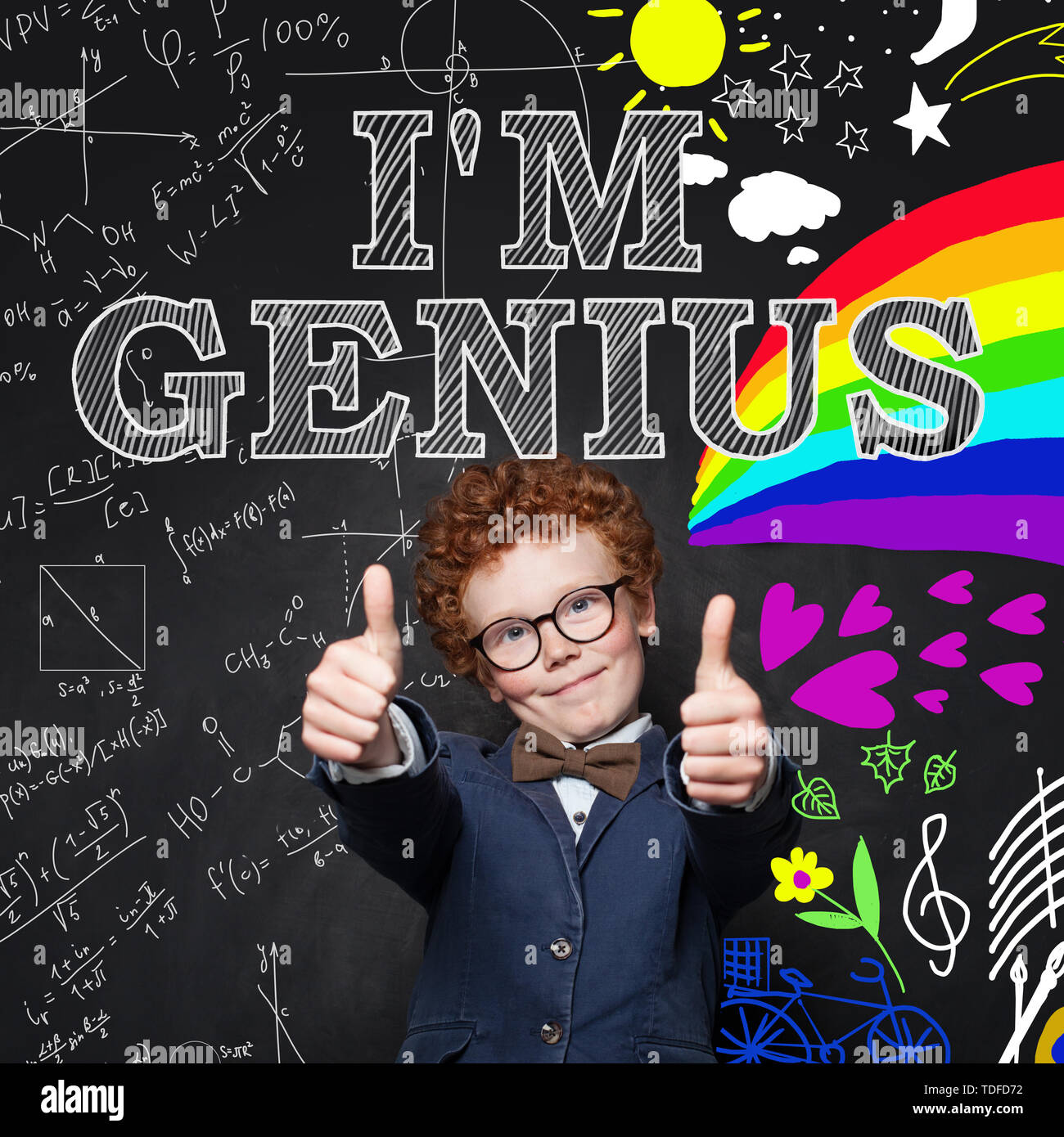Little genius. Cute child on blackboard with science formula and arts ...