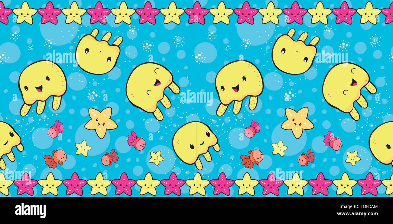 Adorable somersaulting cartoon yellow jellyfish border design. Seamless ...
