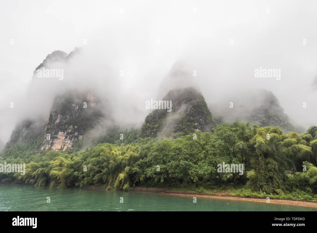 Landscape of the Li River in Guilin, China in the smoke and rain Stock ...