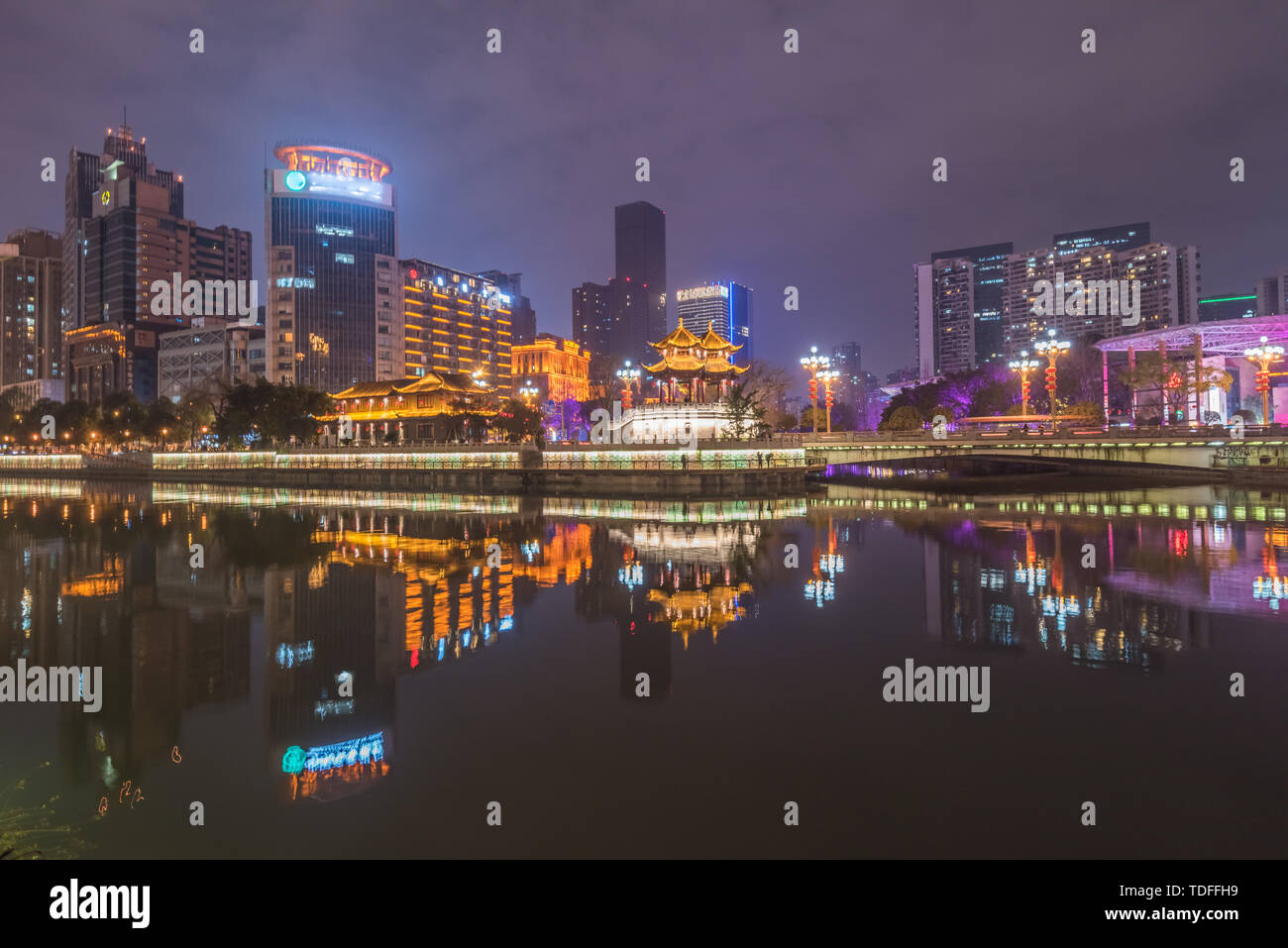 Night view of Nine Eye Bridge Lighting in Chengdu, Sichuan Stock Photo ...