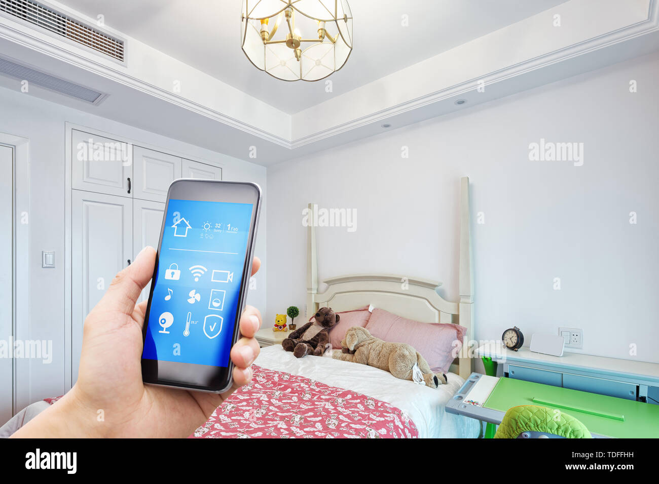 smart phone with smart home with modern bedroom Stock Photo - Alamy