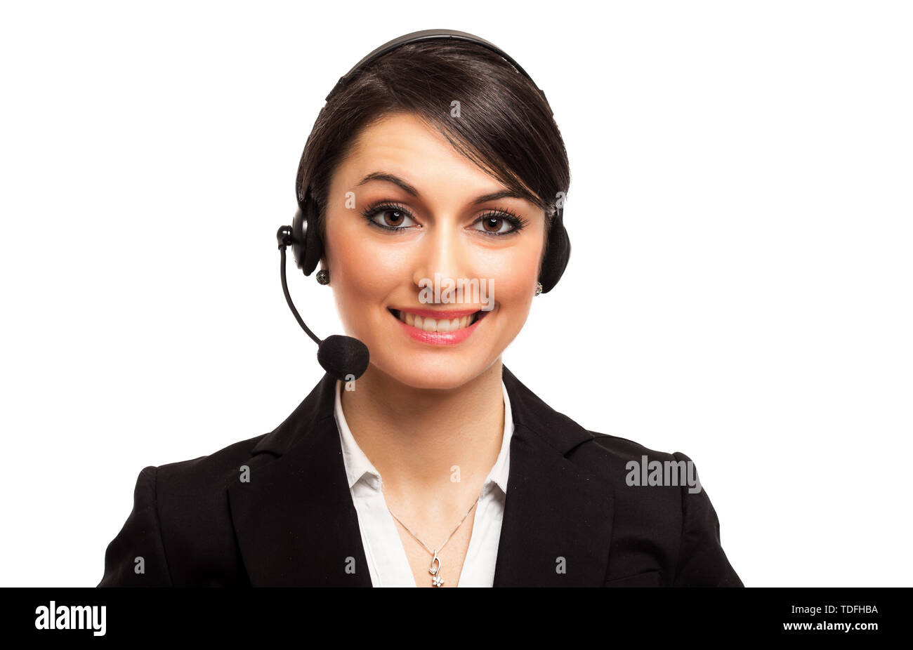 Portrait of a beautiful customer representative isolated on white Stock ...