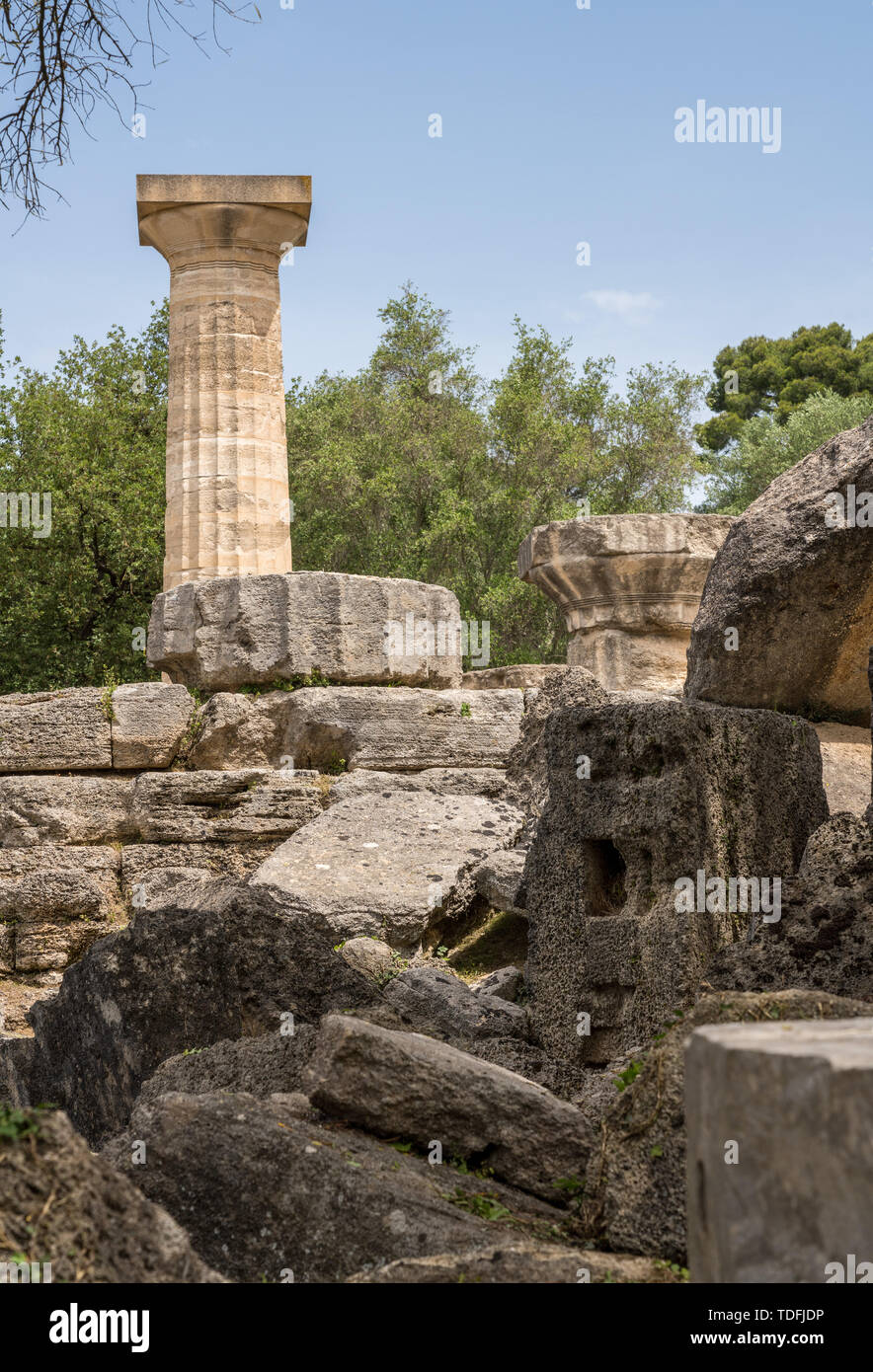 Collapsed Temple of Zeus at the site of the first Olympics at Olympia ...