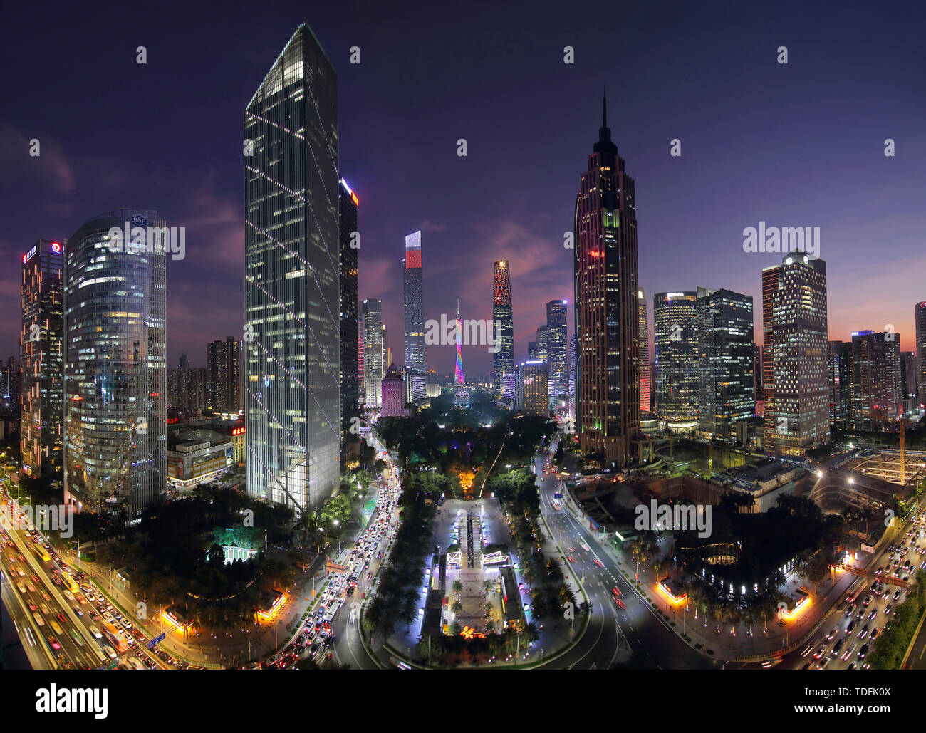 High rise building transportation city office in dusk guangzhou tower ...