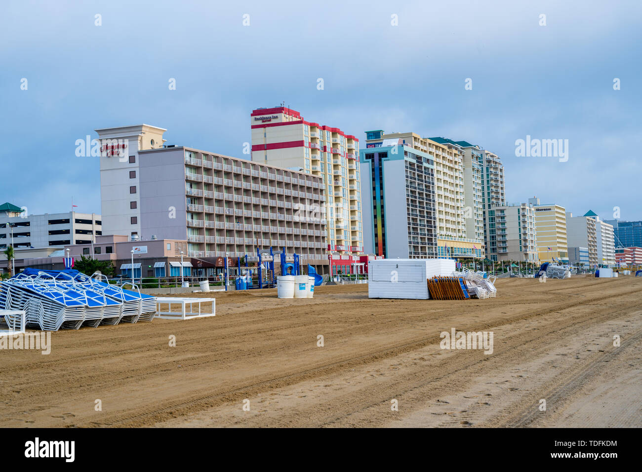 Virginia Beach, VA, USA -- June 6, 2019. Colorful hotels line Virginia ...