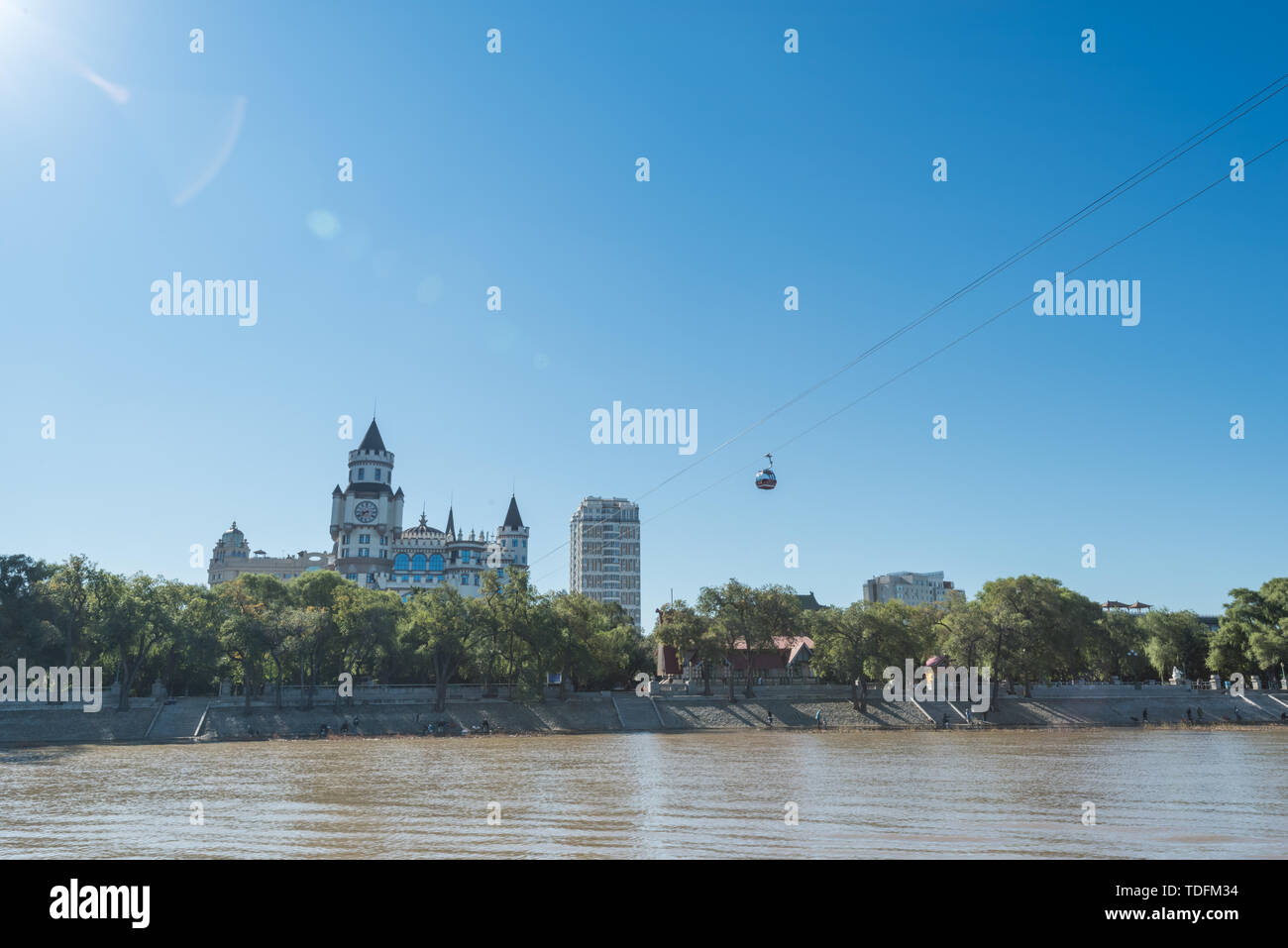 Cross-river ropeway in autumn sunny sun island scenic spot in Harbin ...