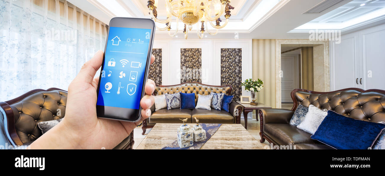smart phone with smart home with modern living room Stock Photo - Alamy