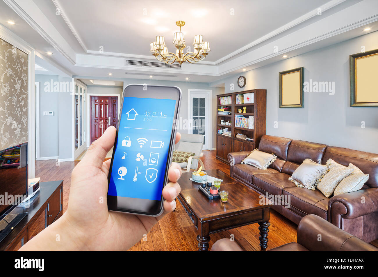 smart phone with smart home with modern living room Stock Photo - Alamy