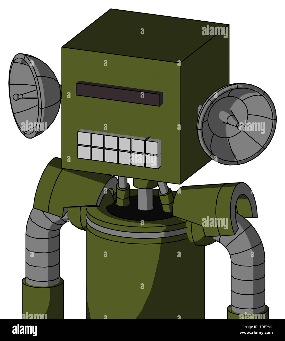 Portrait style army-green automaton with box head and keyboard mouth ...