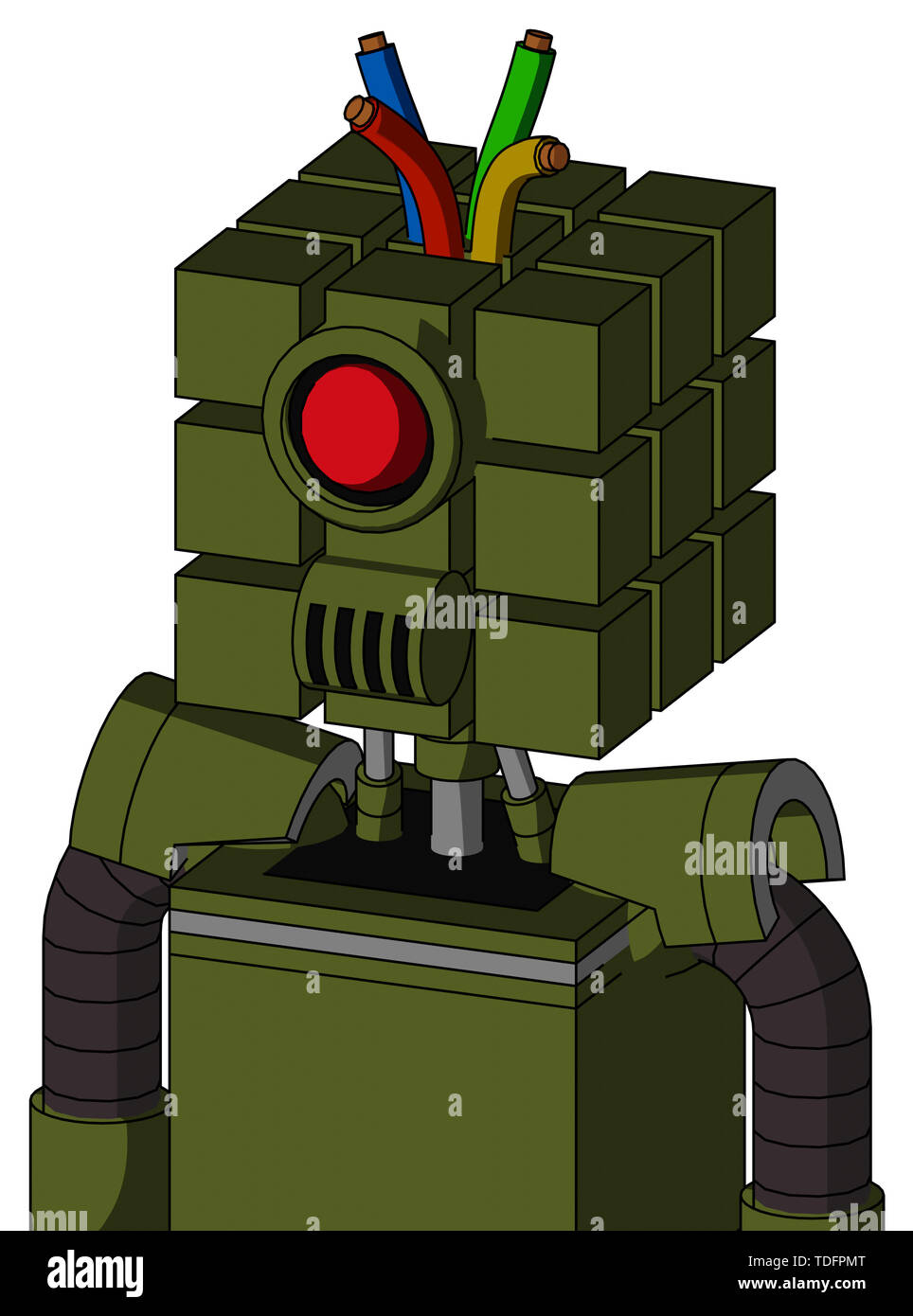 Portrait style army-green automaton with cube head and speakers mouth ...