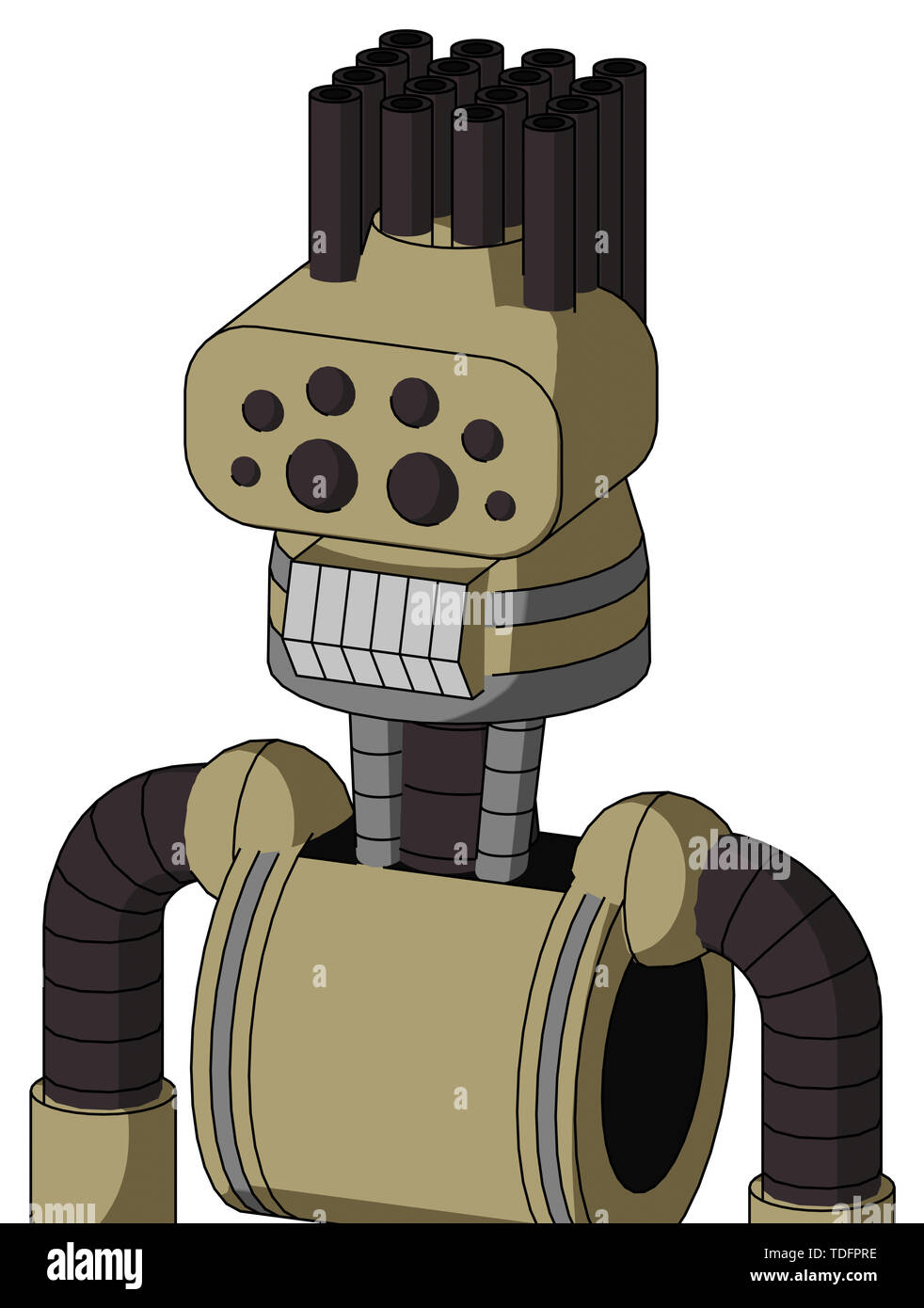 Portrait style army-tan automaton with cone head and teeth mouth and ...