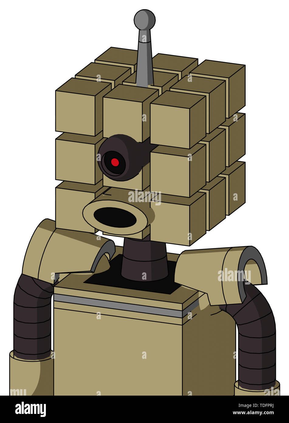 Portrait style army-tan automaton with cube head and round mouth and ...