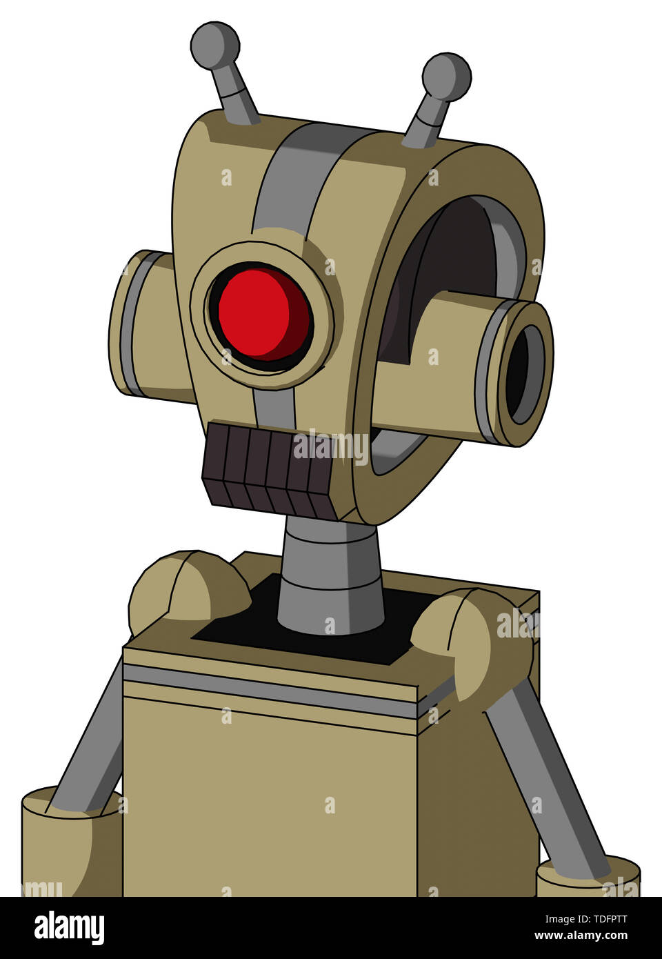 Portrait style army-tan automaton with droid head and dark tooth mouth ...