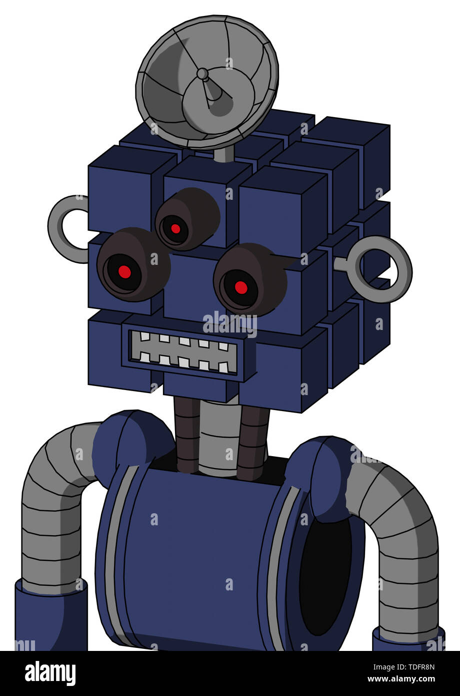Portrait style blue droid with cube head and square mouth and three ...
