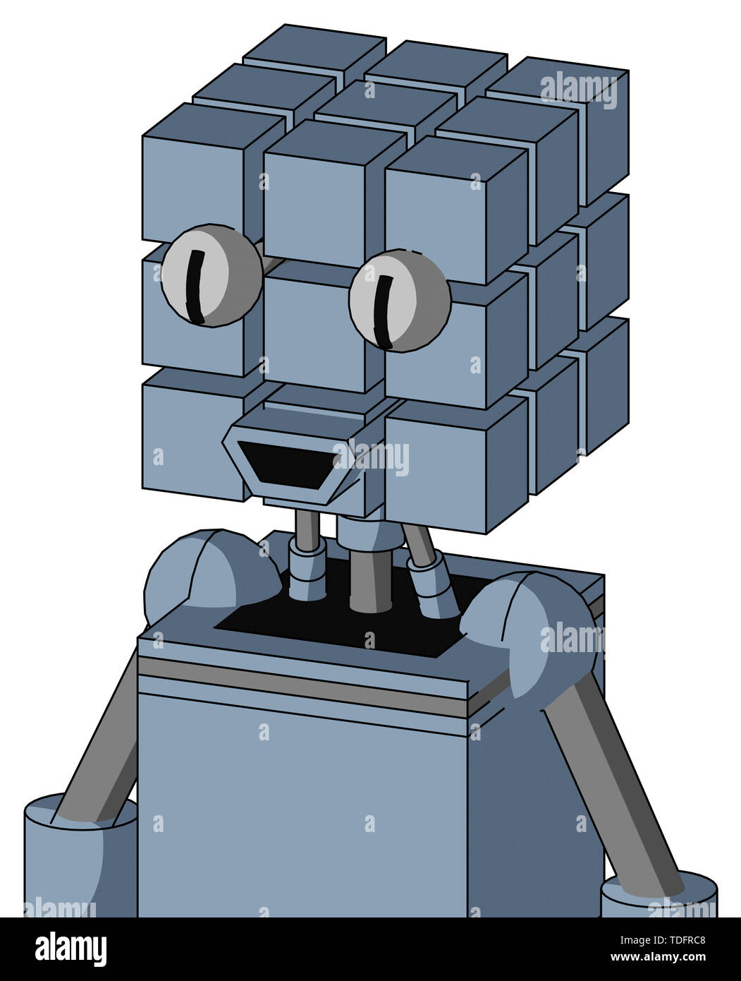 Portrait style blue mech with cube head and happy mouth and two eyes ...