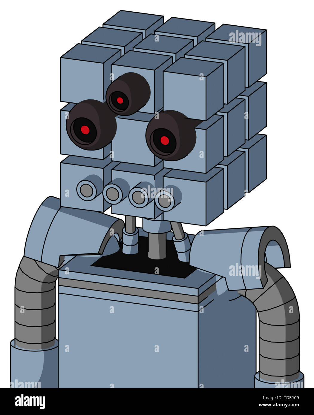 Portrait style blue mech with cube head and pipes mouth and three-eyed ...