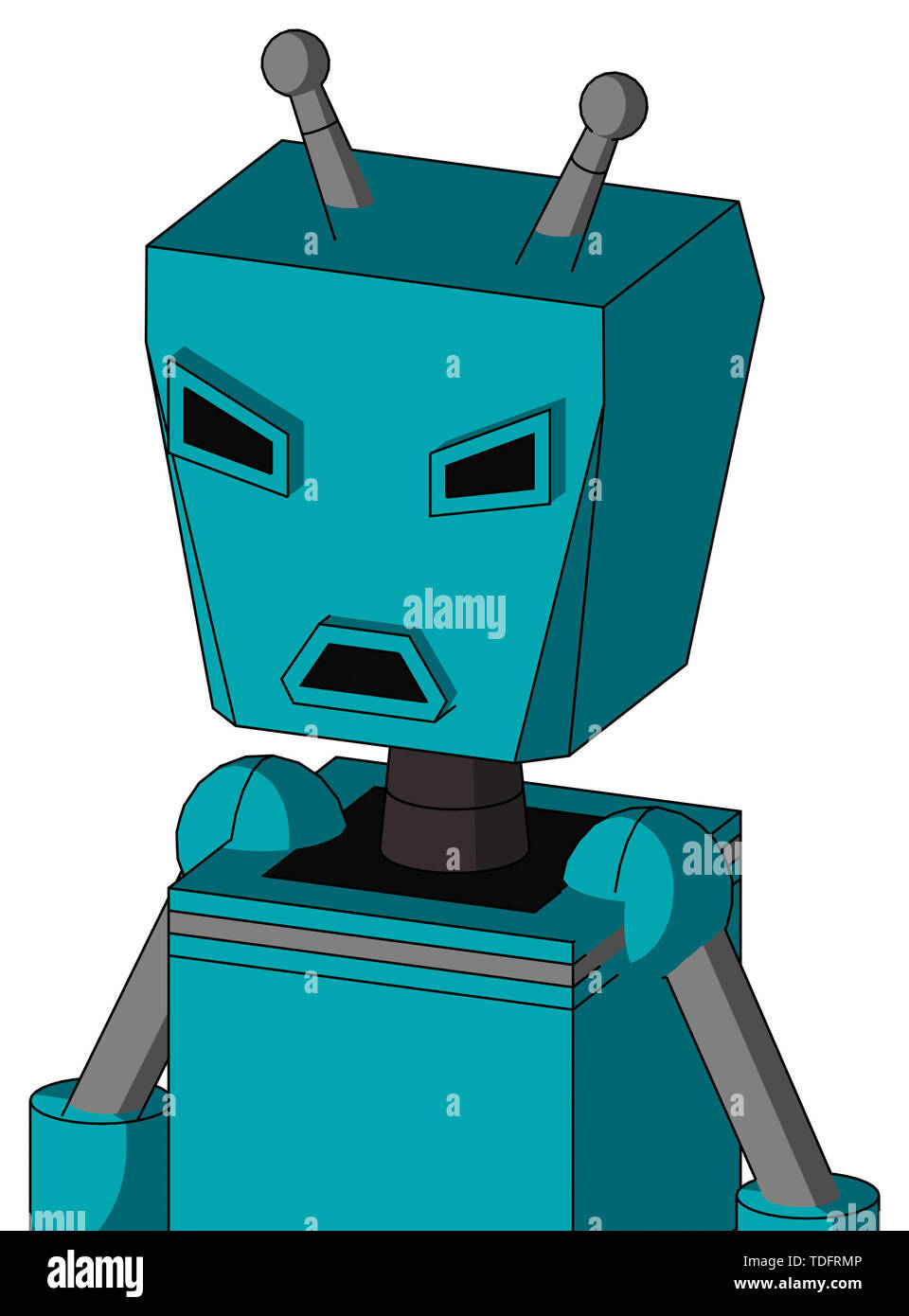 Portrait style blue robot with box head and sad mouth and angry eyes ...