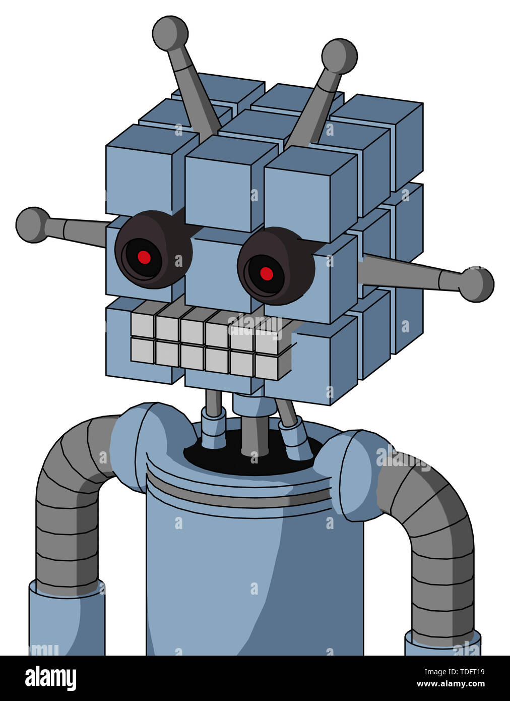 Portrait style blue robot with cube head and keyboard mouth and black ...