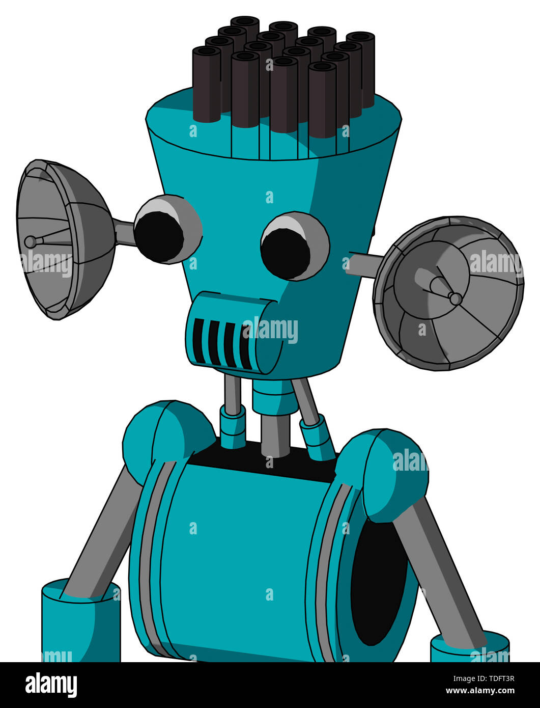 Portrait style blue robot with cylinder-conic head and speakers mouth ...