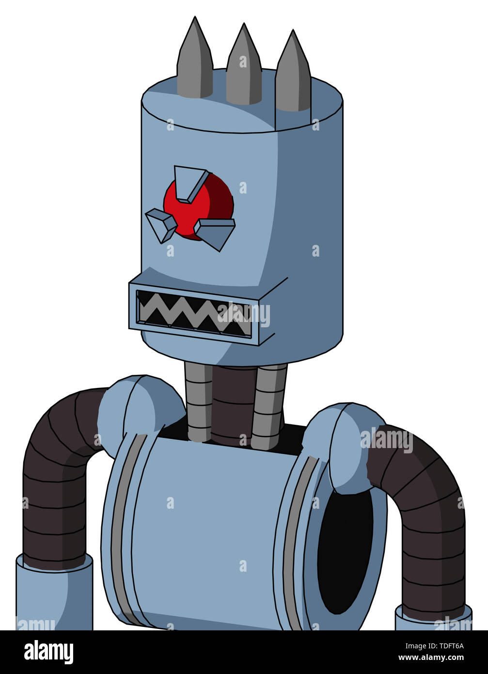Portrait style blue robot with cylinder head and square mouth and angry ...
