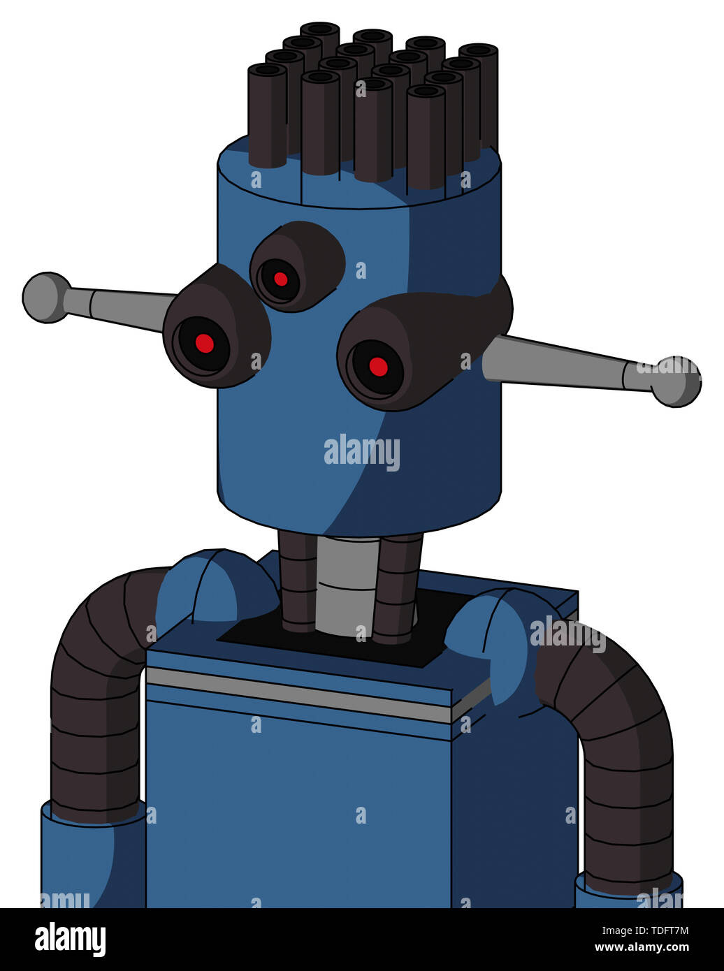 Portrait style blue robot with cylinder head and three-eyed and pipe ...