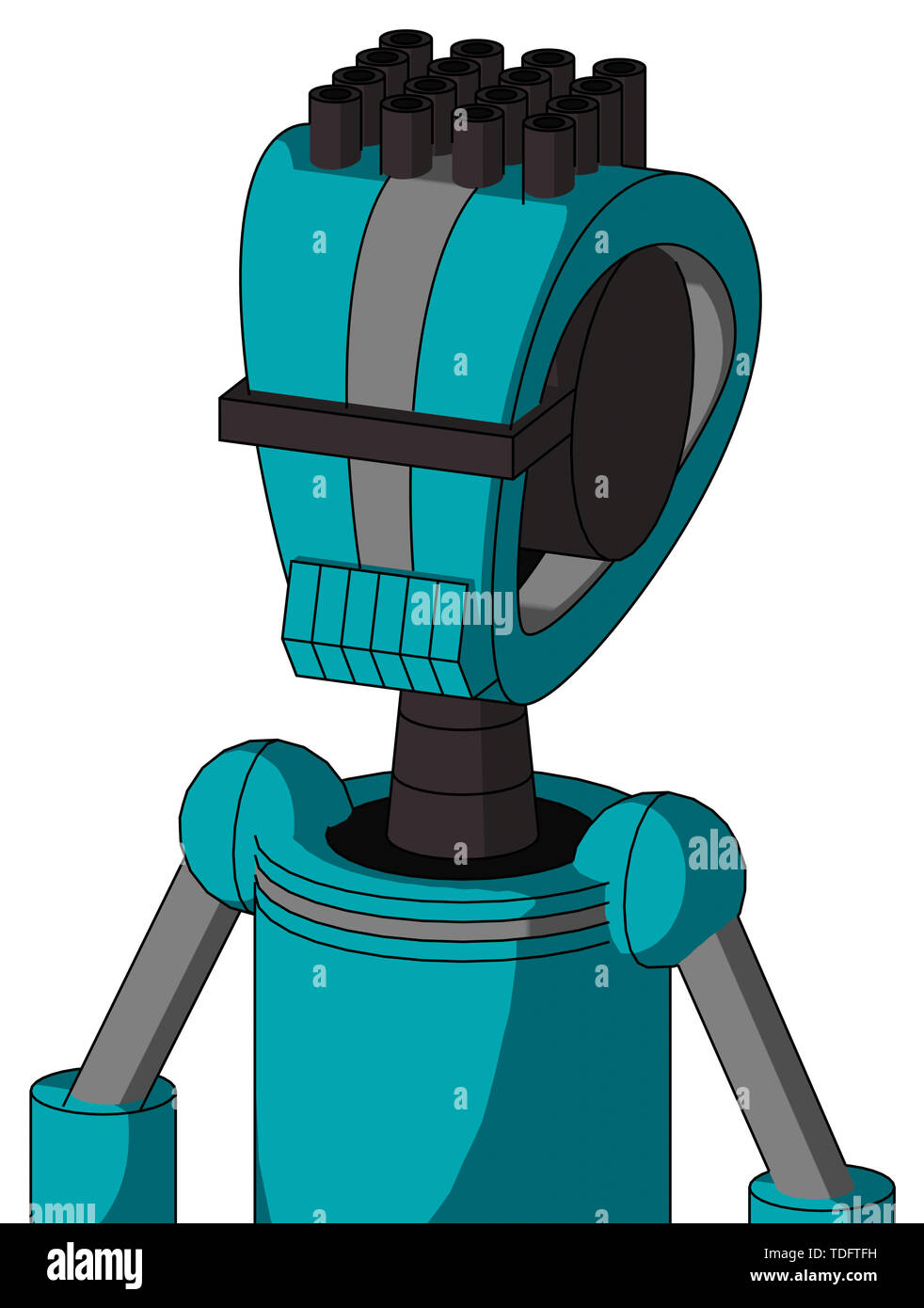 Portrait style blue robot with droid head and toothy mouth and black ...